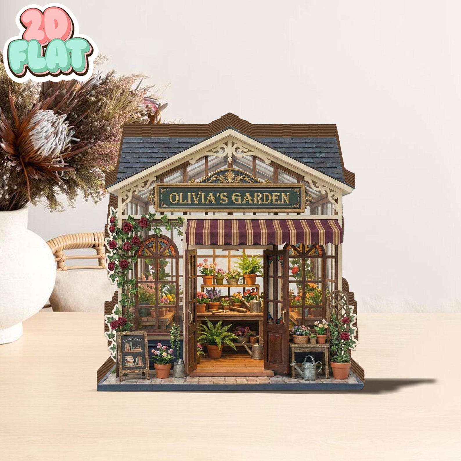 Personalized Greenhouse 2D FLAT Wooden Block Decor, Floral Garden House ...