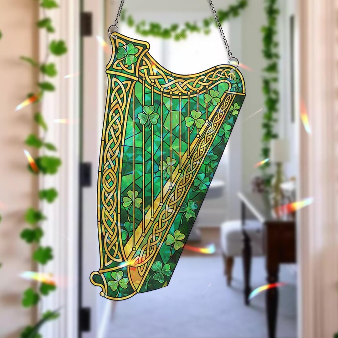 Celtic Harp ACRYLIC Hologram Window Hanging, Irish Shamrock Suncatcher ...
