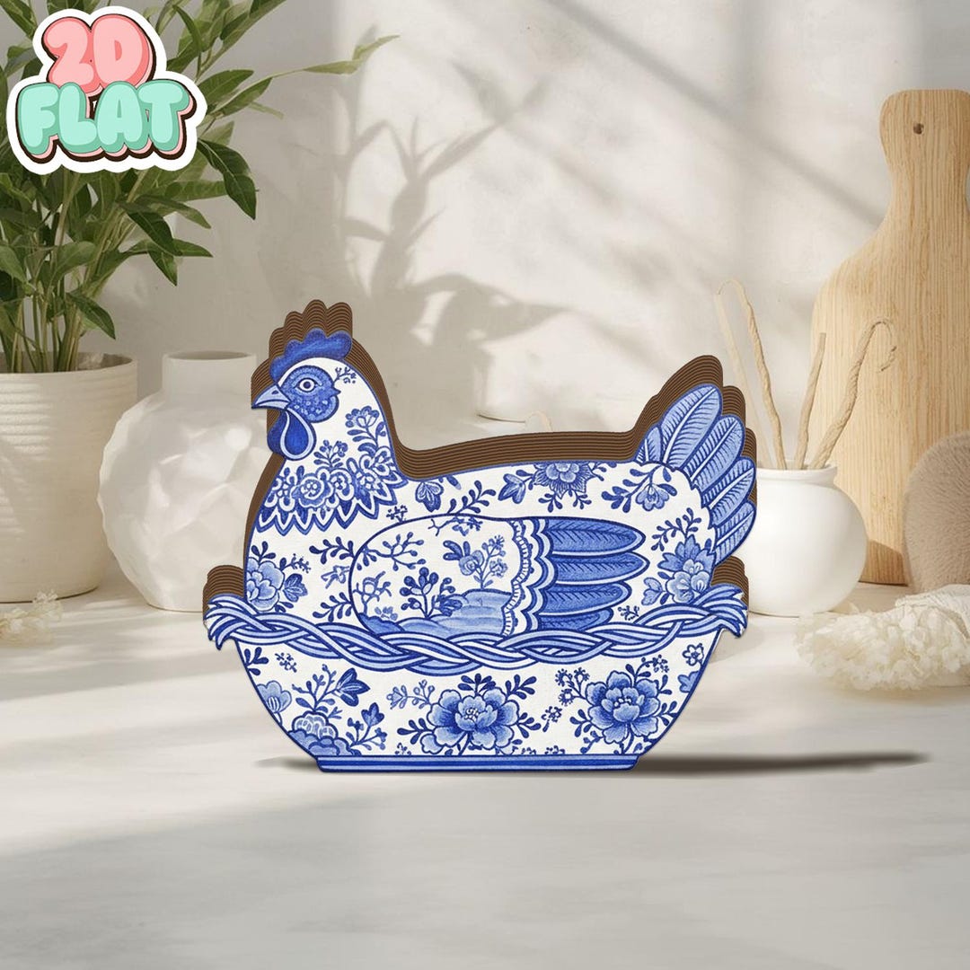 Chinoiserie Hen in Nest 2D FLAT Wooden Block Decor, Blue White Chicken ...
