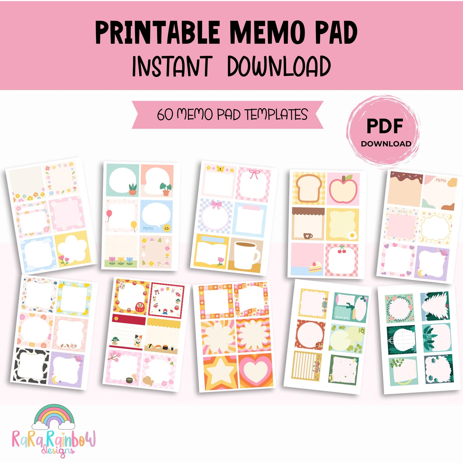 60 Square Note Pad Printable Memo Pad Sticky Notes Printable Cute Memo ...