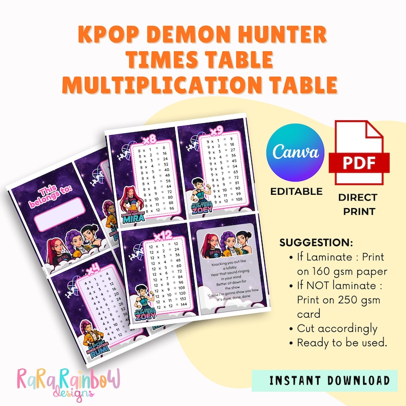 Kpop Demon Hunter Times Table Flash Cards, Printable Multiplication ...