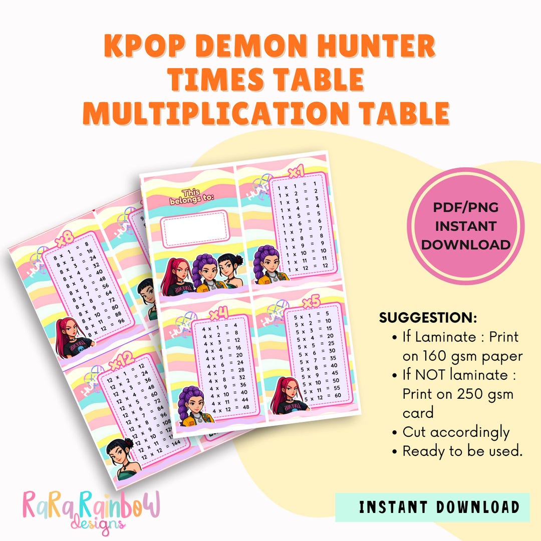 Kpop Demon Hunter Times Table Flash Cards, Multiplication Printable ...