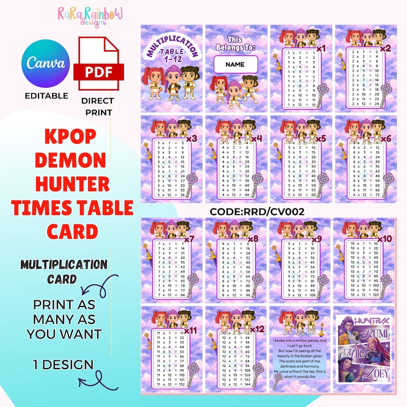 Editable Kpop Demon Hunter Times Table Flash Cards, Printable ...