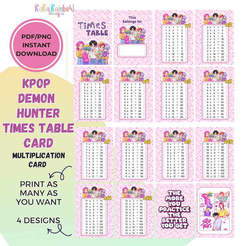 Kpop Demon Hunter Times Table Cards, Printable Multiplication ...