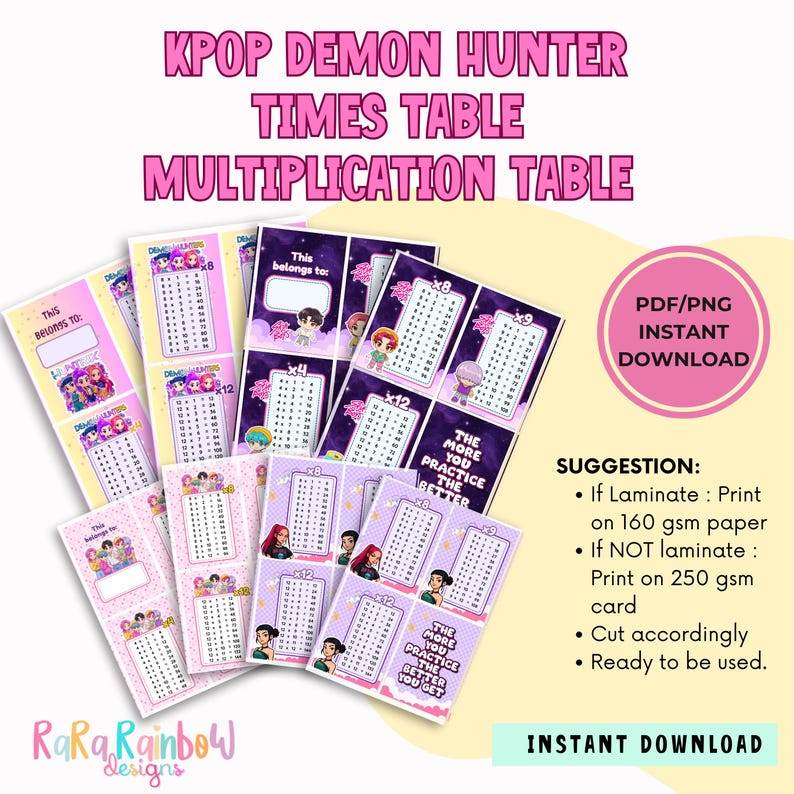 Kpop Demon Hunter Times Table Cards, Printable Multiplication ...