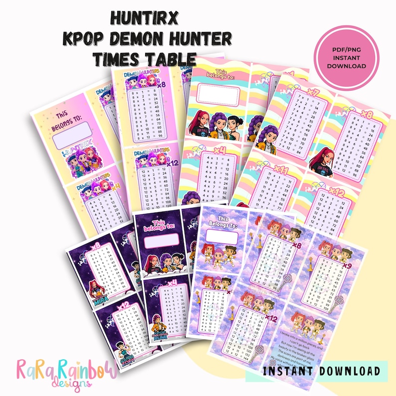 Huntrix Kpop Demon Hunter Times Table Cards, Printable Multiplication ...