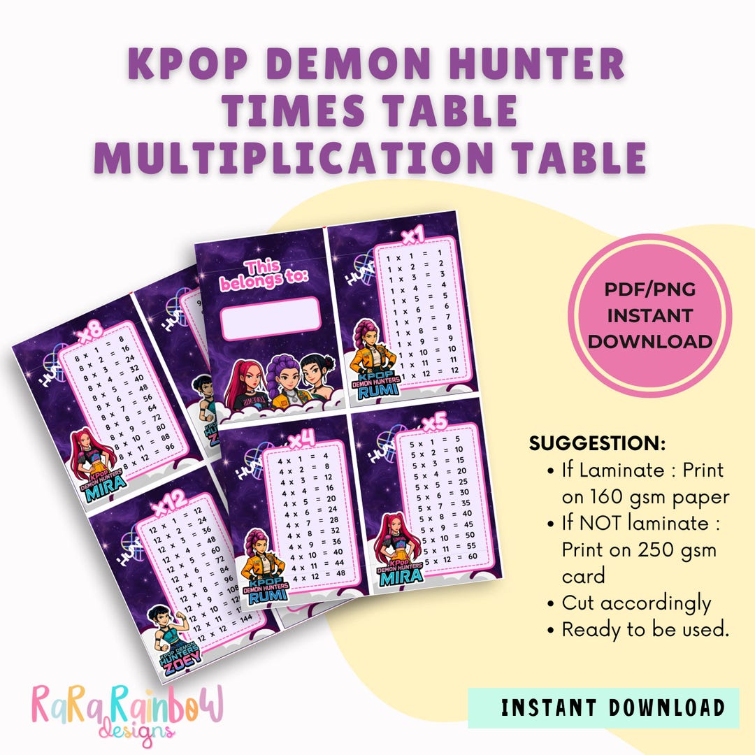 Kpop Demon Hunter Times Table Flash Cards, Printable Multiplication ...