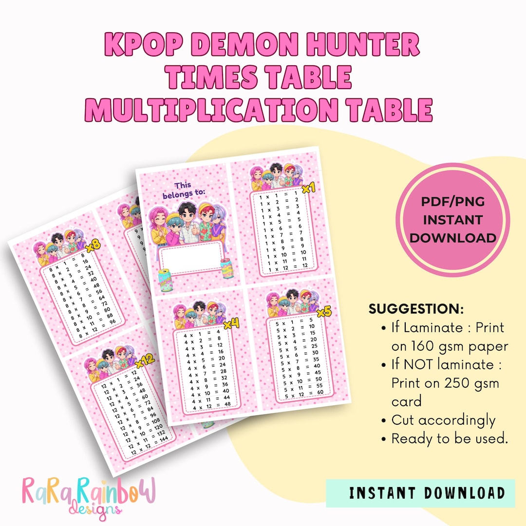 Kpop Demon Hunter Times Table Flash Cards, Printable Multiplication ...