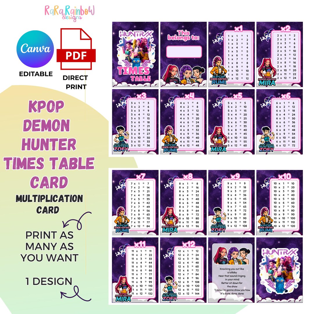Kpop Demon Hunter Times Table Flash Cards, Printable Multiplication ...