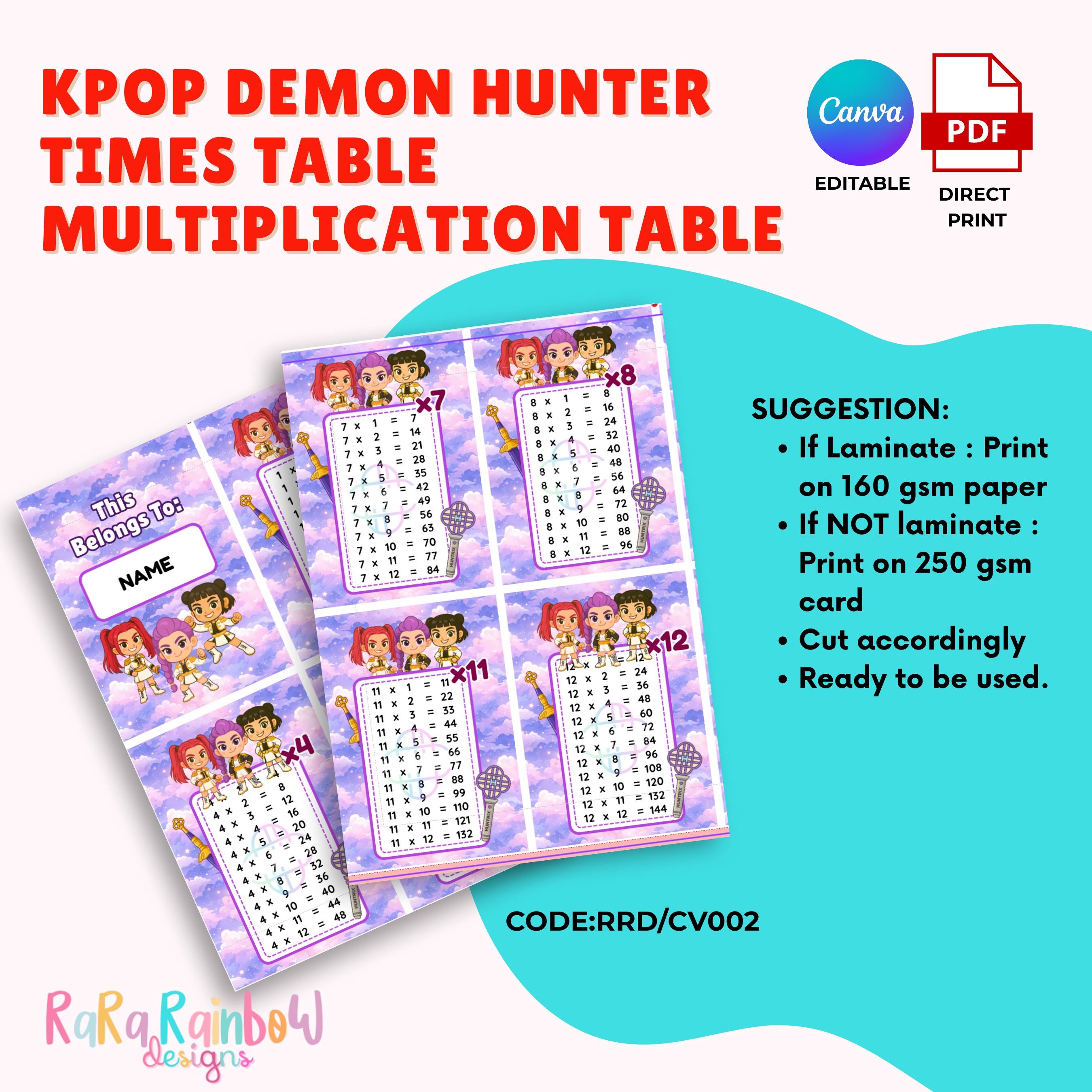 Editable Kpop Demon Hunter Times Table Flash Cards, Printable ...