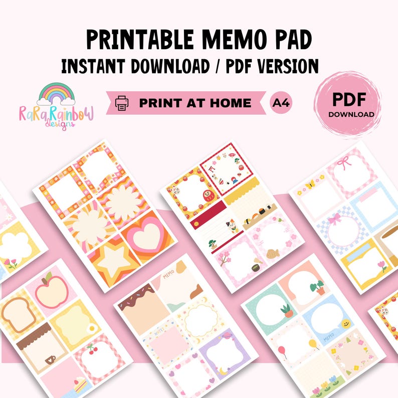 60 Square Note Pad Printable Memo Pad Sticky Notes Printable Cute Memo ...