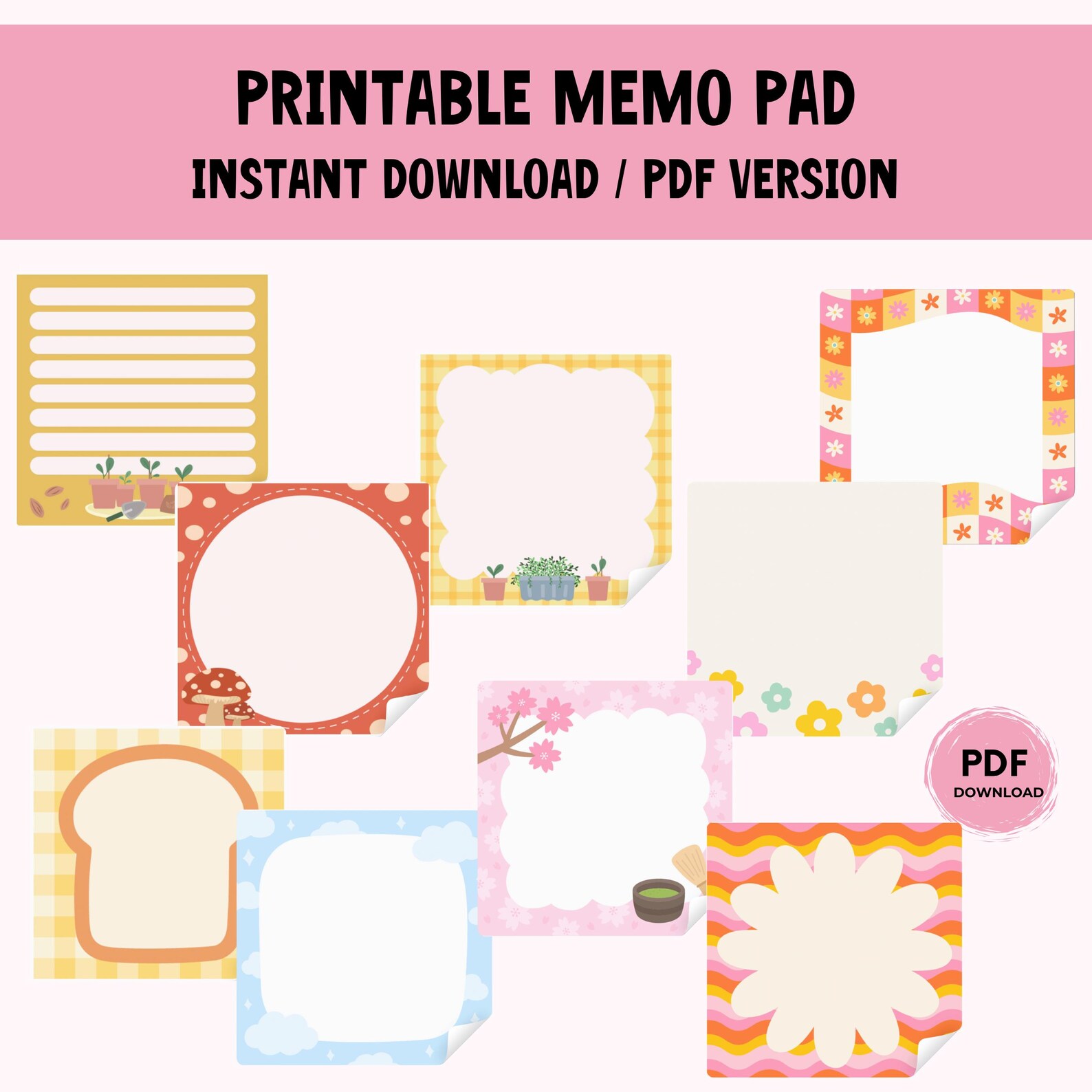 60 Square Note Pad Printable Memo Pad Sticky Notes Printable Cute Memo ...
