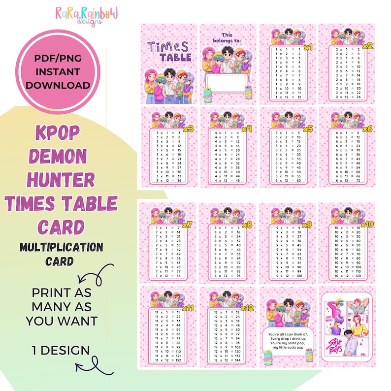 Kpop Demon Hunter Times Table Flash Cards, Printable Multiplication ...