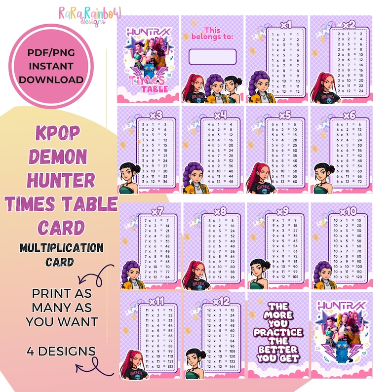 Kpop Demon Hunter Times Table Cards, Printable Multiplication ...