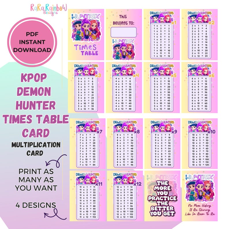 Kpop Demon Hunter Times Table Cards, Printable Multiplication ...