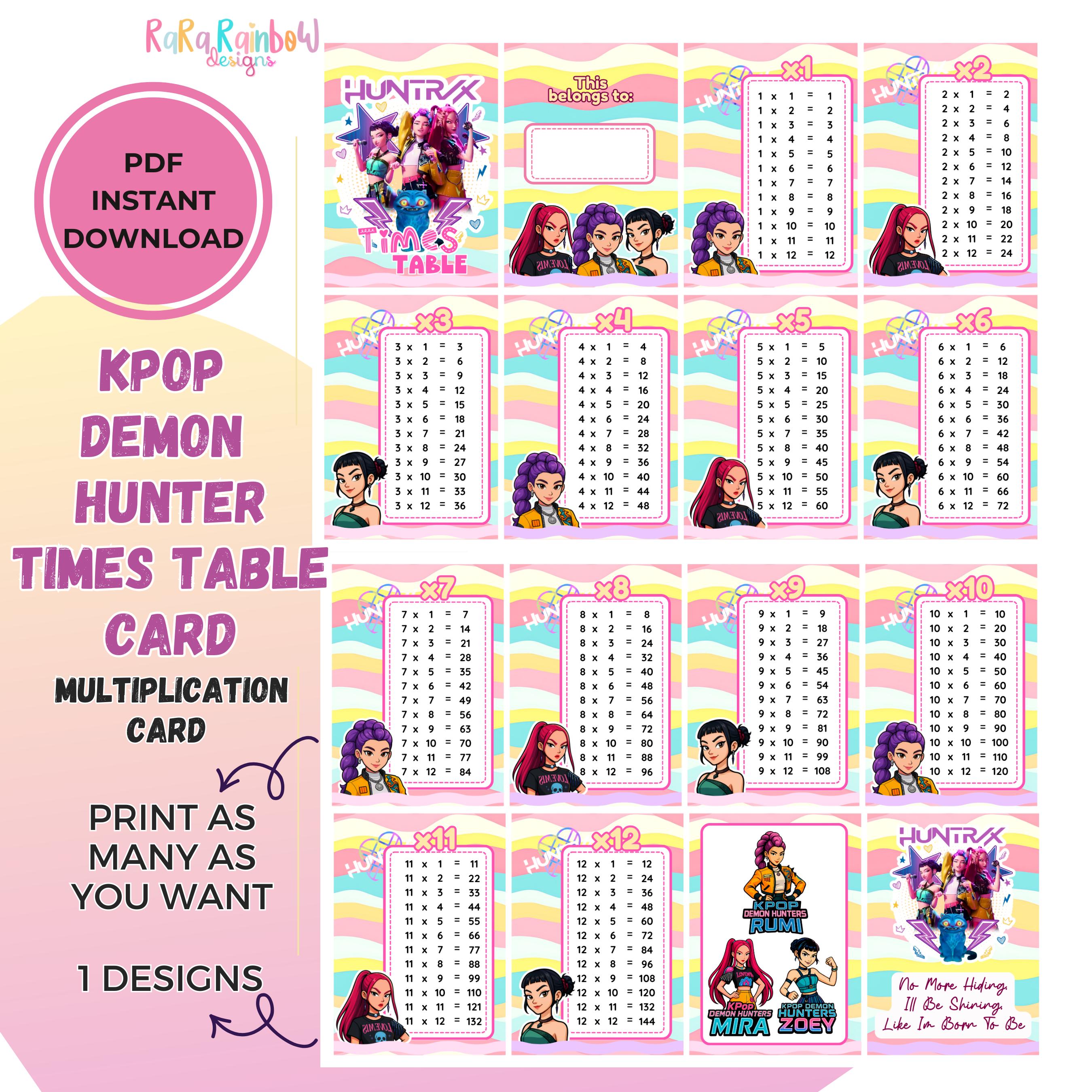 Huntrix Kpop Demon Hunter Times Table Cards, Printable Multiplication ...