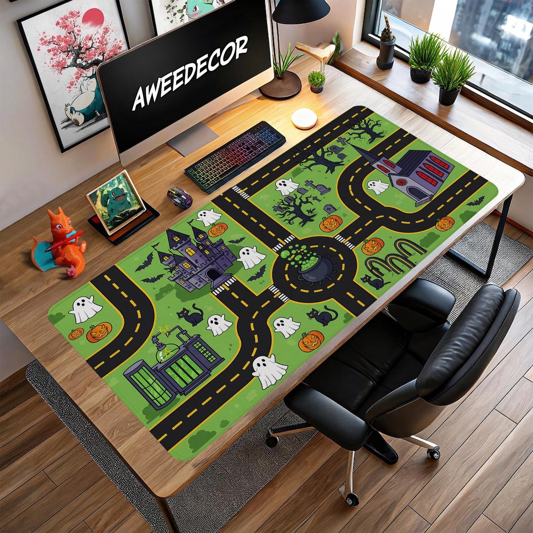 Halloween Desk Mat – Haunted House Ghost Pumpkin Playmat – Spooky Town ...