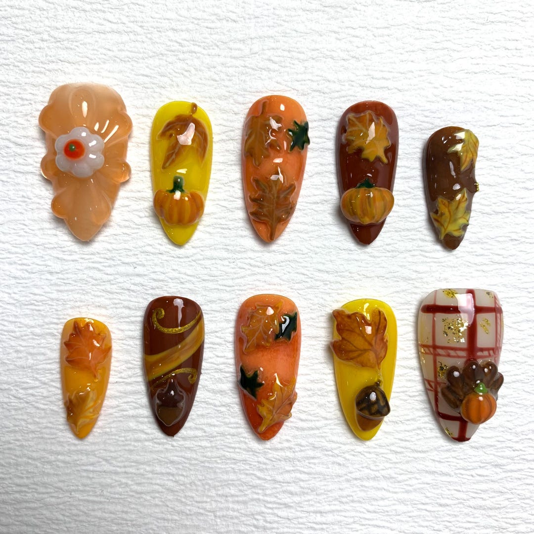 Fall Press on Nails | Autumn Pumpkin Leaf Nail Art | Thanksgiving Nail ...