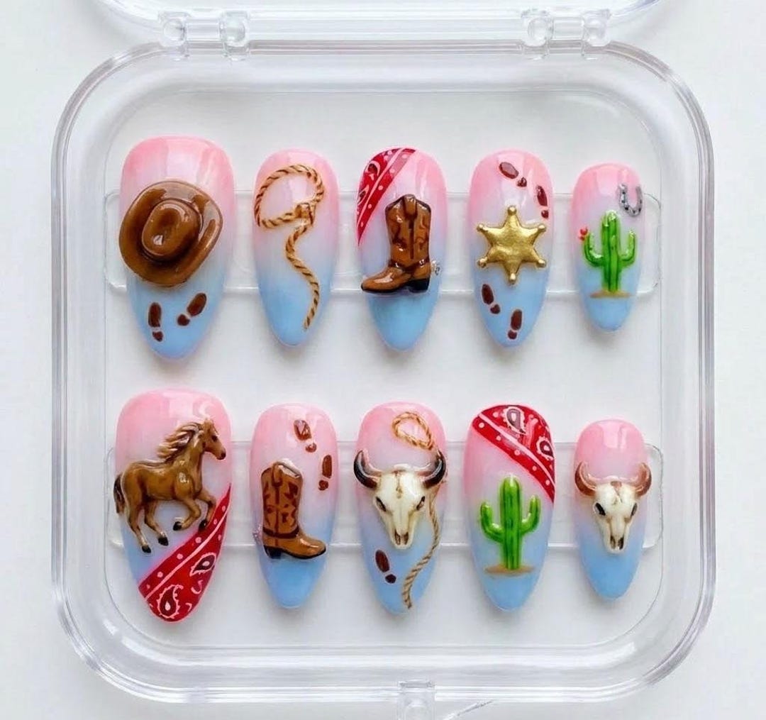 Handmade Wild West Cowboy Press on Nails | 3D Horse, Boot, Cactus ...