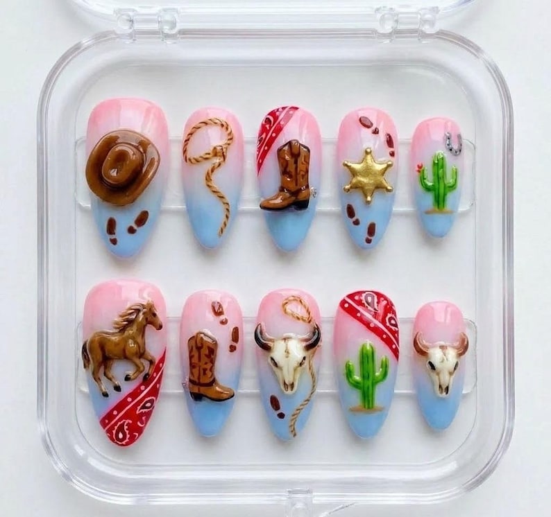 Handmade Wild West Cowboy Press on Nails | 3D Horse, Boot, Cactus ...