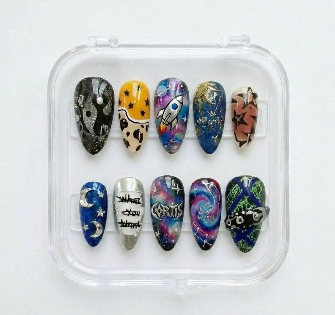 Handmade Retro-futuristic Space Press on Nails | Rocket Ship, Galaxy ...