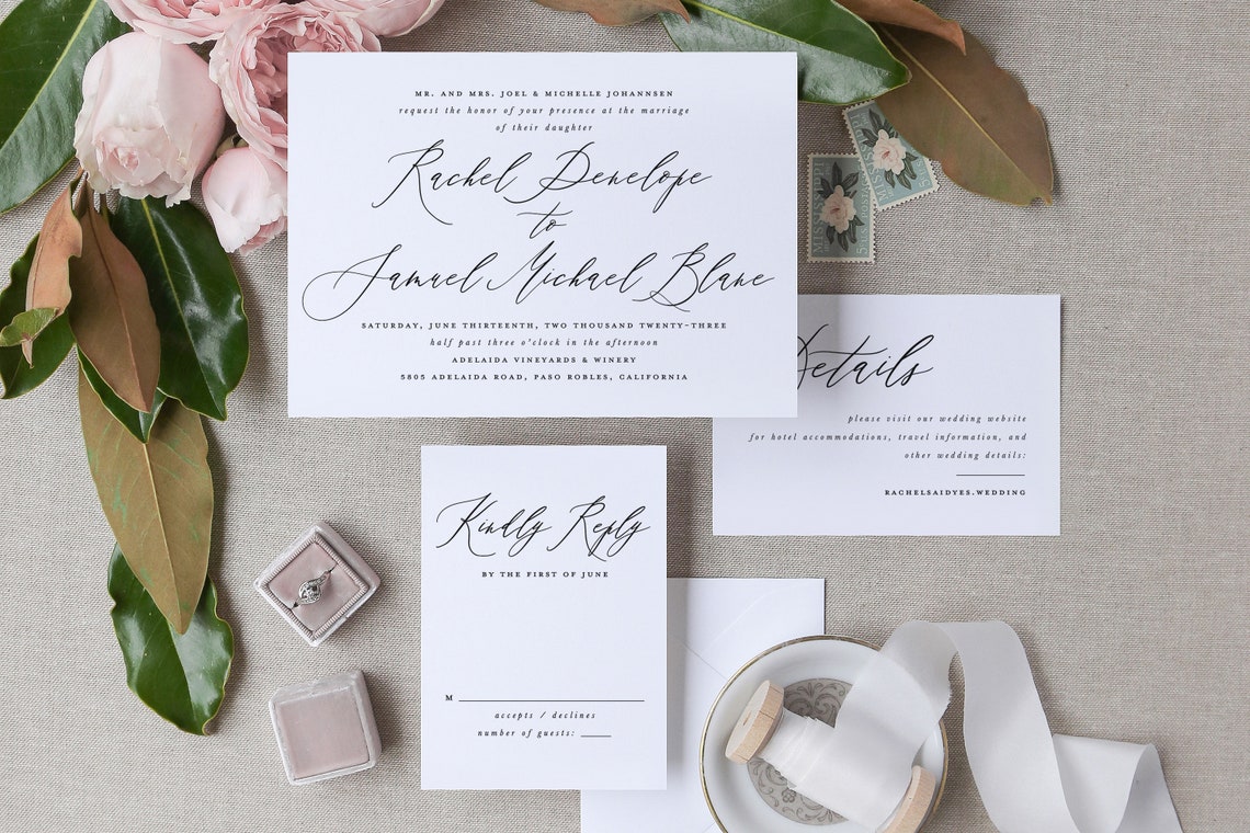 Romantic Calligraphy Script Wedding Invitation Feminine Light | Etsy