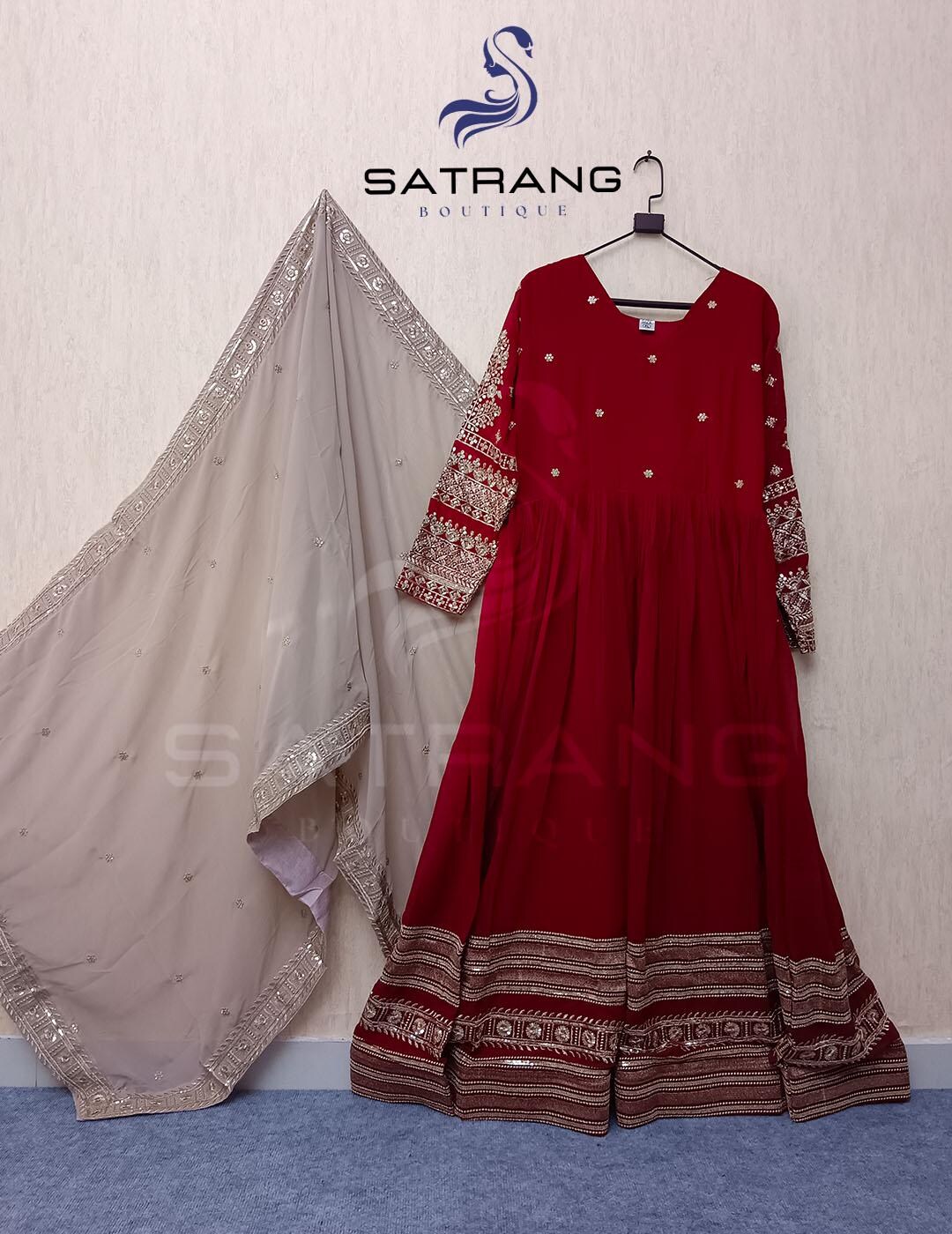 Red Faux Blooming Pakistani Anarkali Gown Indian Wedding Geast Wear ...