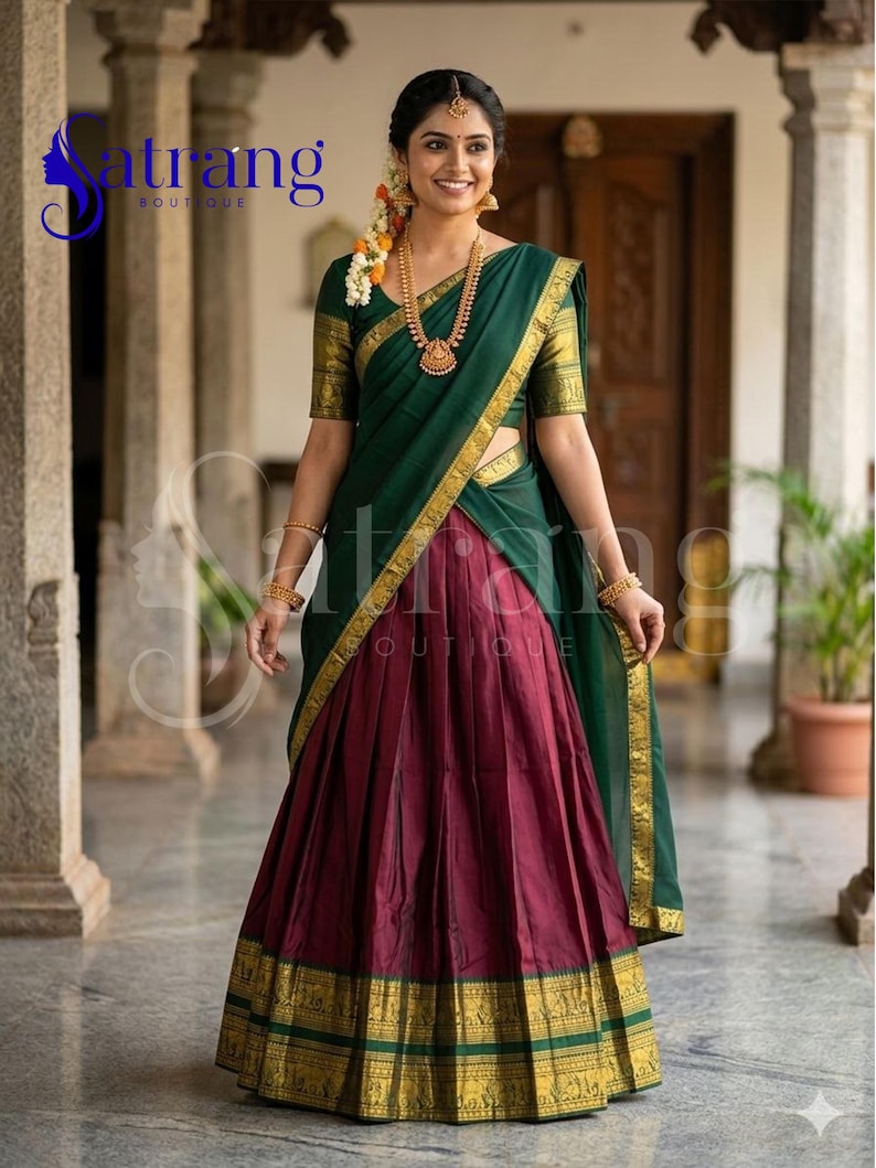Green Maroon Half Saree Langa Voni Silk Traditional South Indian Bridal ...