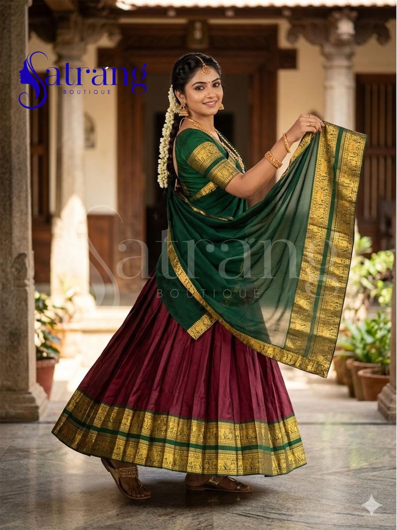 Green Maroon Half Saree Langa Voni Silk Traditional South Indian Bridal ...