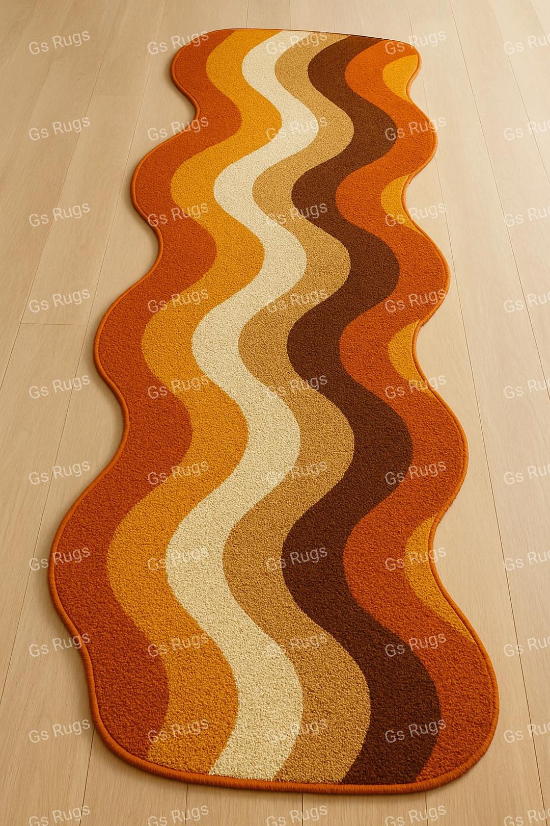 Retro Wavy Runner Rug 70s Groovy Orange Brown & Mustard Modern Abstract ...