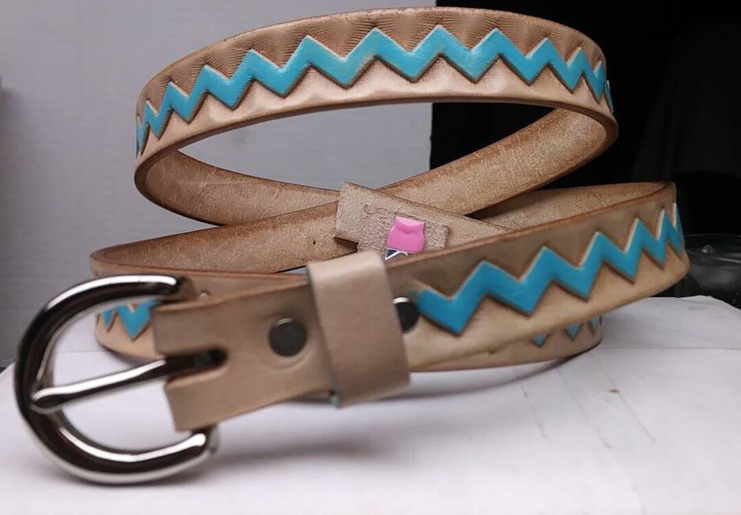Handmade Skinny Aztec Leather Belt, Mens or Women's Aztec Custom Tooled ...