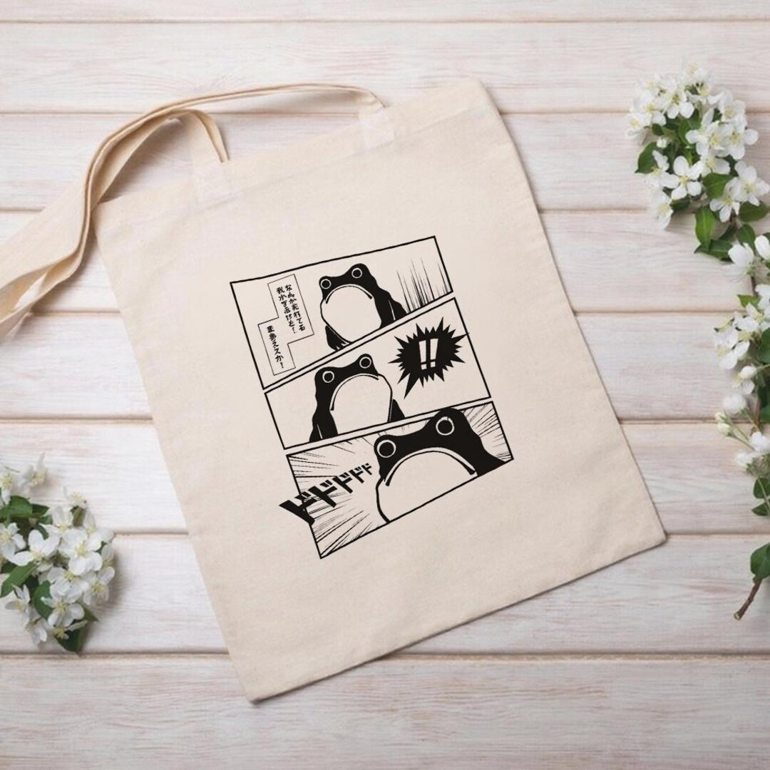 Canvas Tote Bag With Frog Manga Panel Print, Japanese Comic Style Eco ...