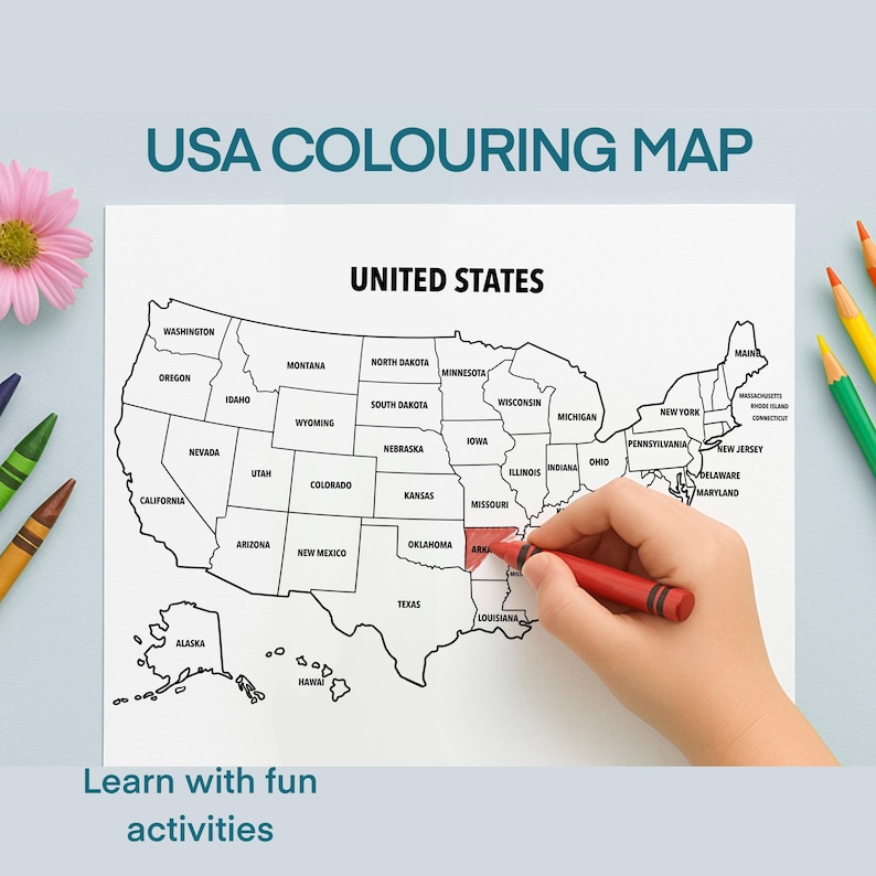 United States Coloring Map | Illustrated USA Map Educational Printable ...
