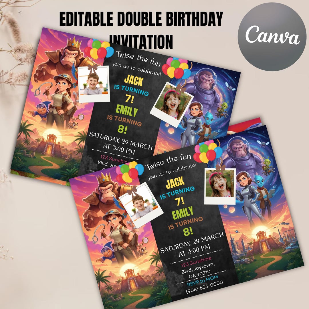 Digital Sibling Birthday Invitation, Double Birthday Invite, Dual ...