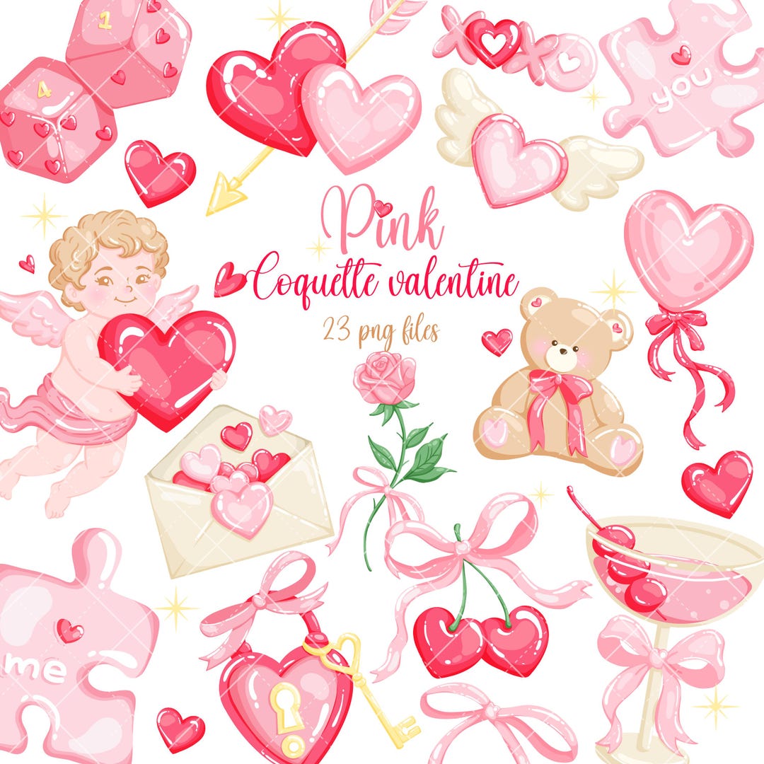 Pink Coquette Clipart, Valentine Png Bundle, Feminine Illustration Sets ...