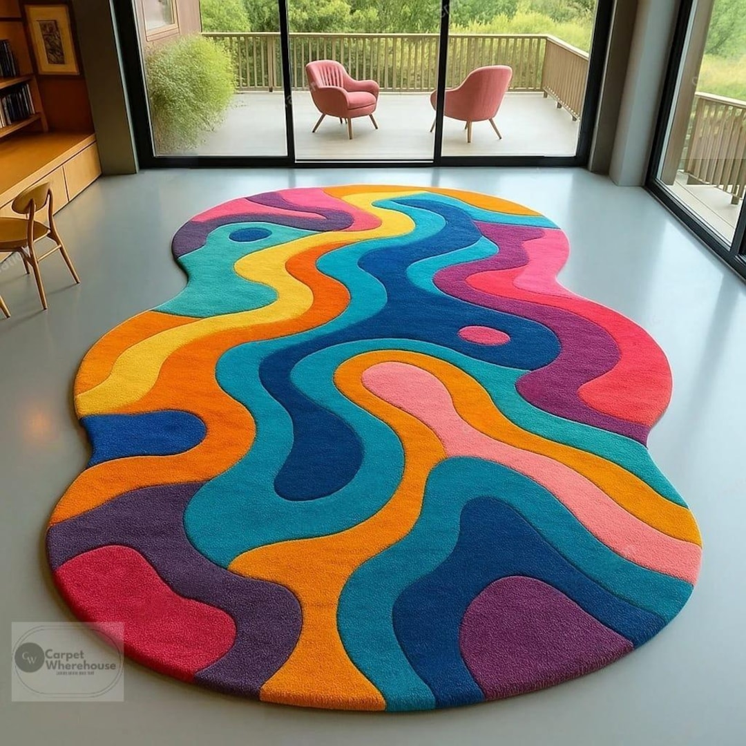 Abstract Wave Tufted Rug : Colorful Psychedelic Blob Shape Rug for ...