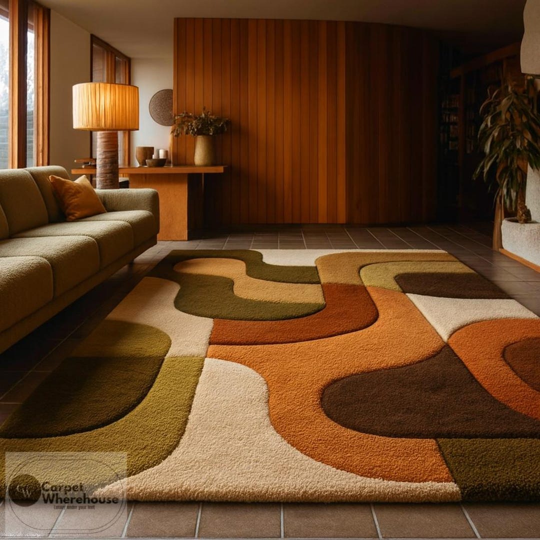 Retro 70s Abstract Area Rug: Mid Century Modern, Earth Tone Plush ...