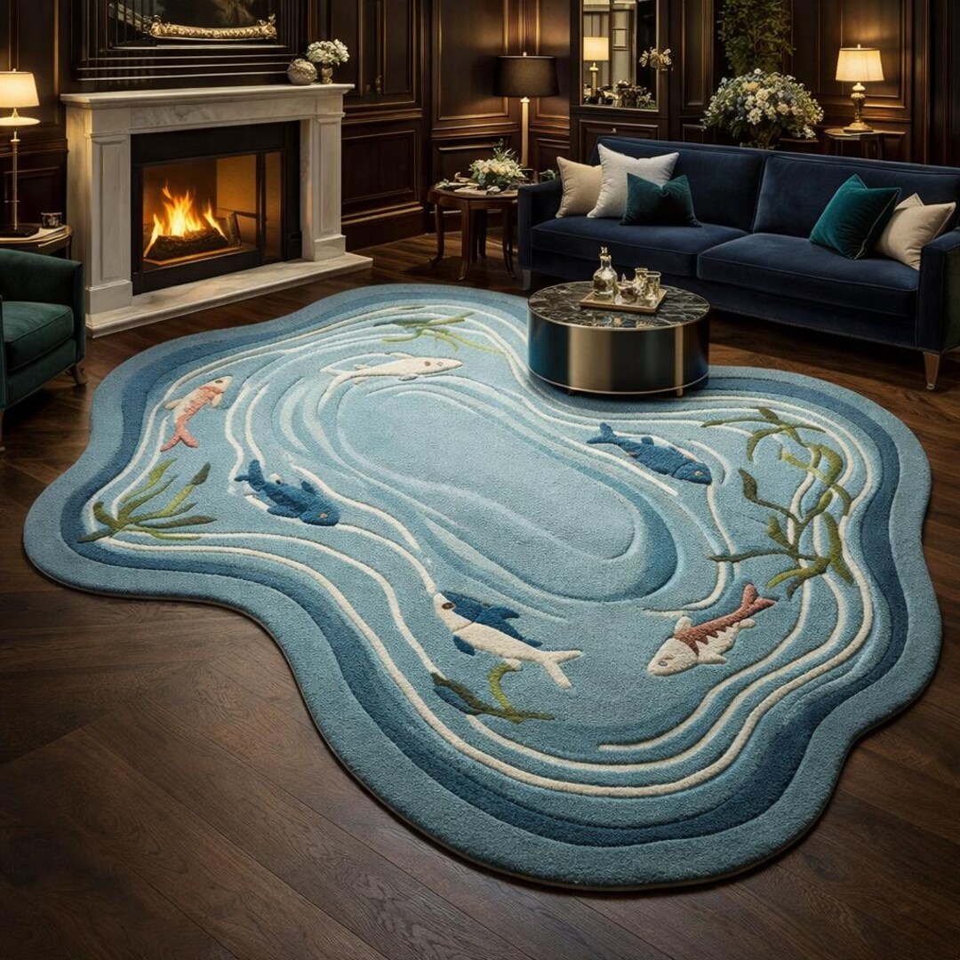 Koi Fish Pond Shaped Rug – Luxury Handmade Area Rug, Japanese Zen ...
