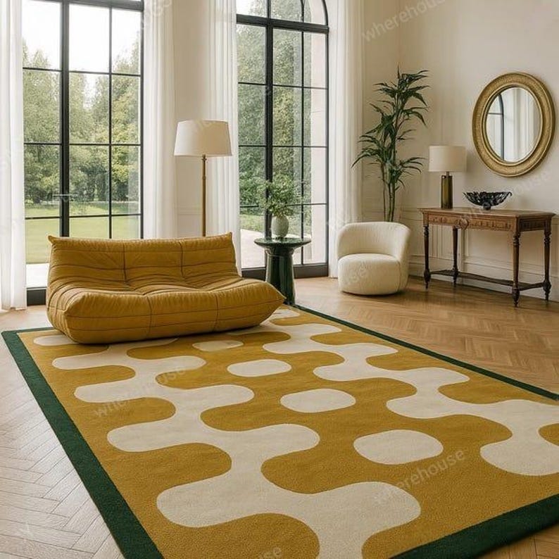 Retro Mustard Yellow Geometric Rug - Mid Century Modern Carpet - Etsy