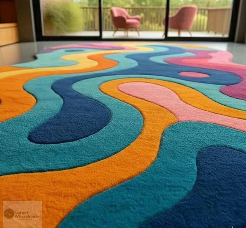 Abstract Wave Tufted Rug : Colorful Psychedelic Blob Shape Rug for ...