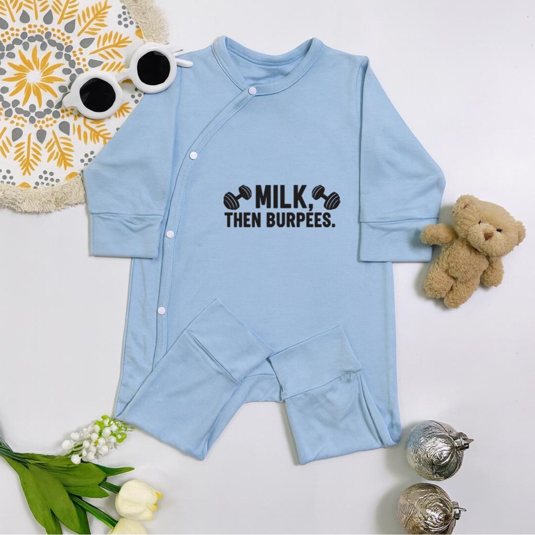 Milk Then Burpees Embroidered Baby Bodysuit, Funny Baby Workout Outfit ...