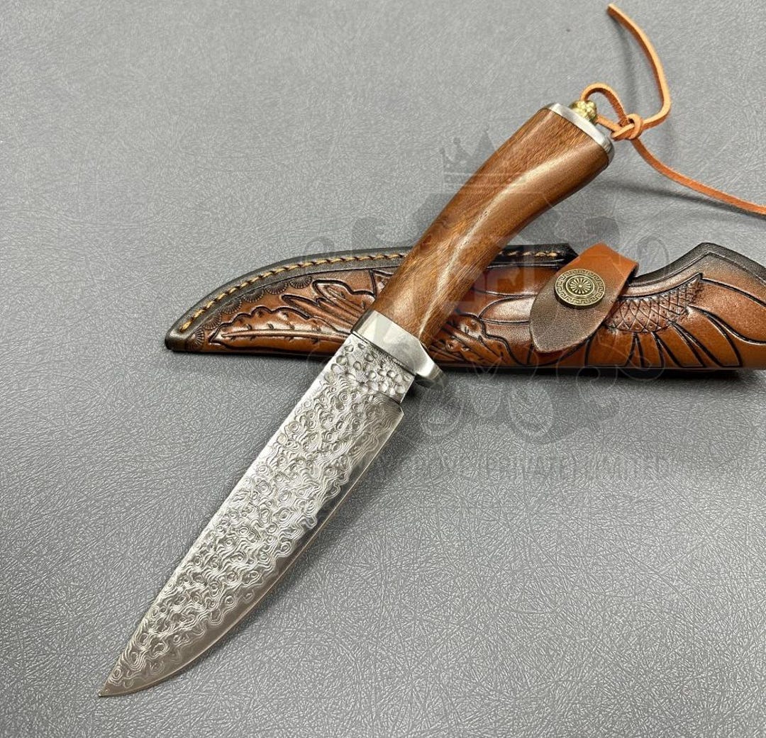 Handmade Damascus Steel Utility Knife: Wood Handle & Leather Sheath - Etsy