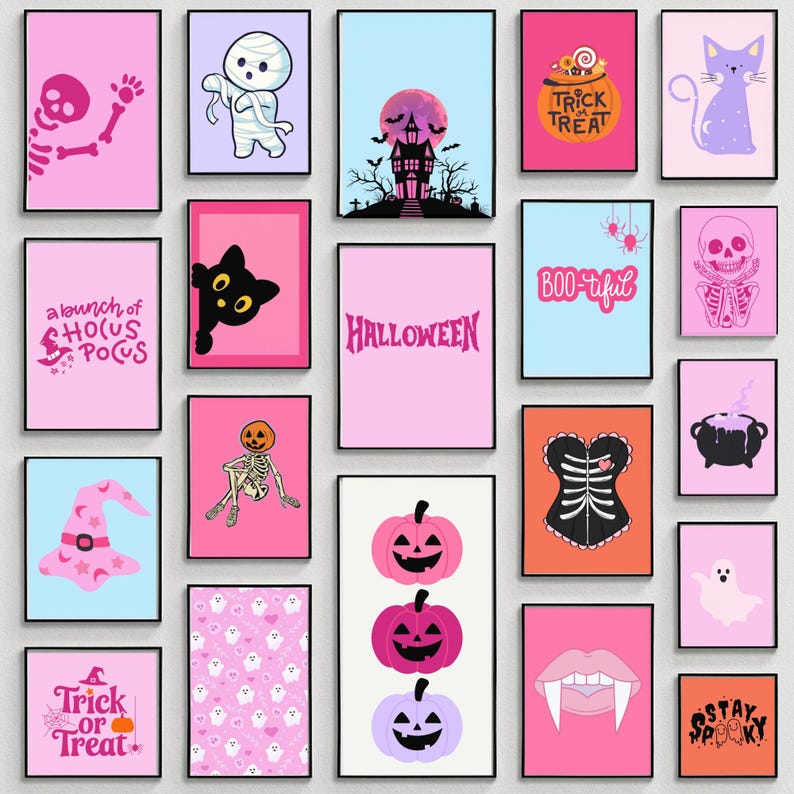 Pink Halloween Poster Prints MEGA BUNDLE Halloween Wall Art Halloween ...