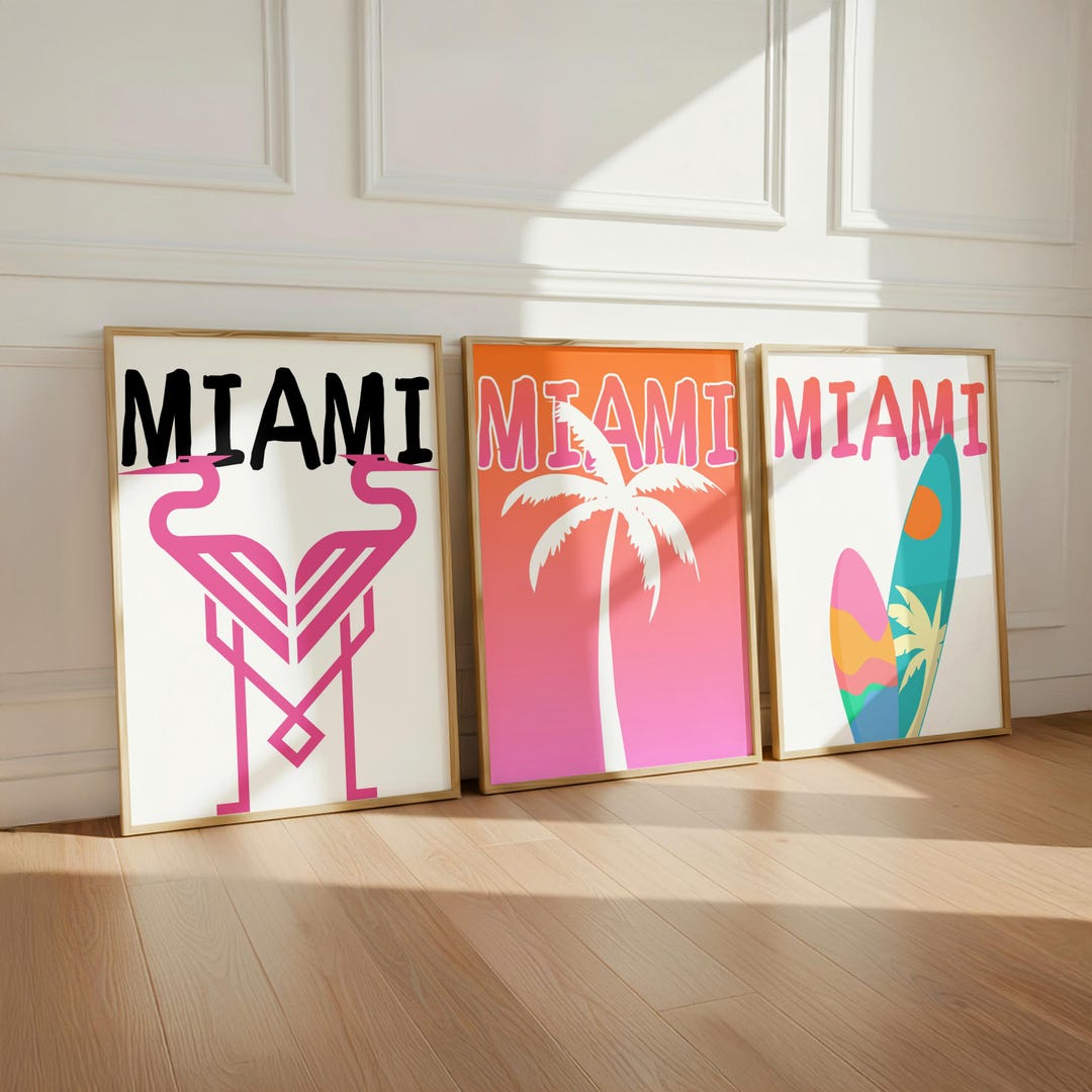 Miami Wall Art Set of 3, Miami Print, Florida Travel Poster, Retro ...