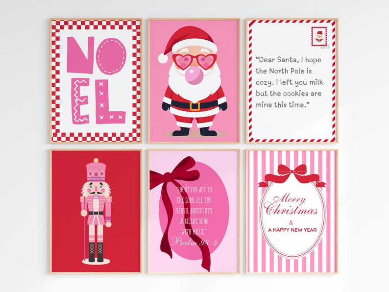 Pink & Red Christmas Prints Set of 10 | Retro XMAS Posters Bundle ...