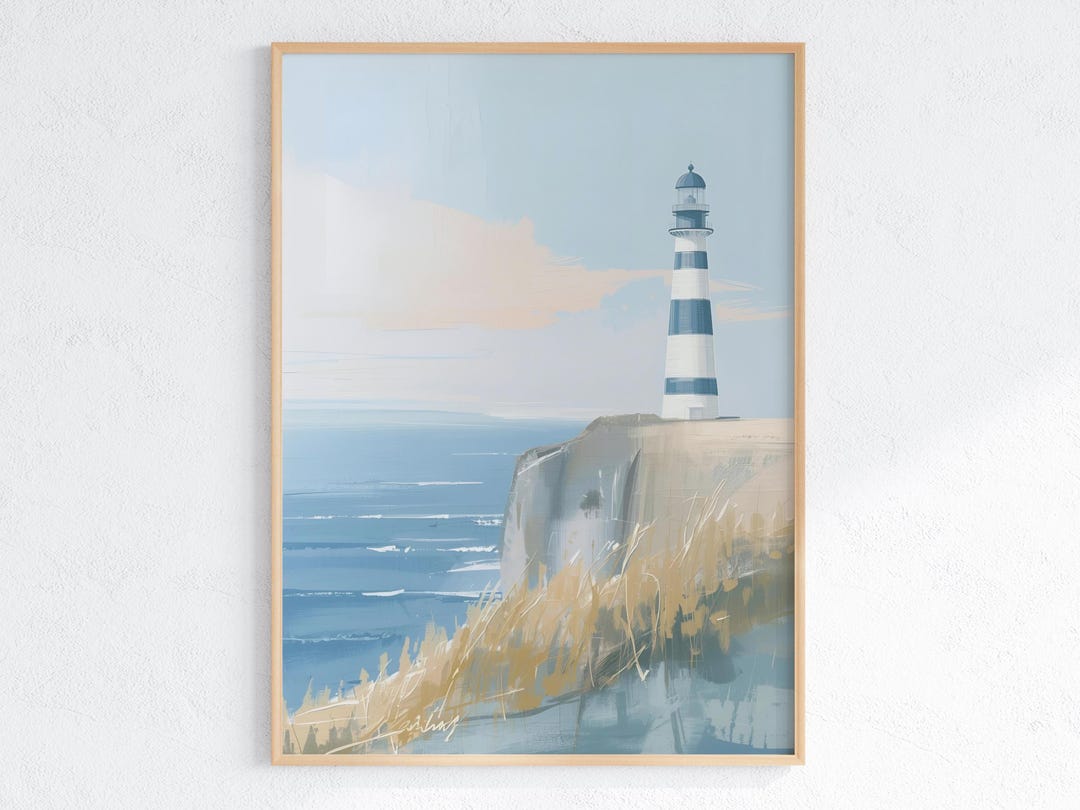Blue Striped Lighthouse Wall Art Printable, Coastal Seascape Painting ...