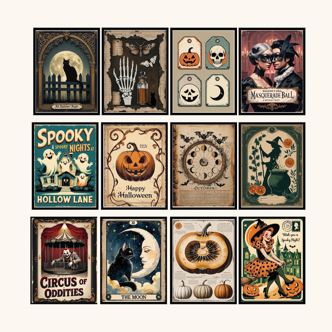 Vintage Halloween Prints Halloween PNG Wall Art Set of 12 Witchy Decor ...
