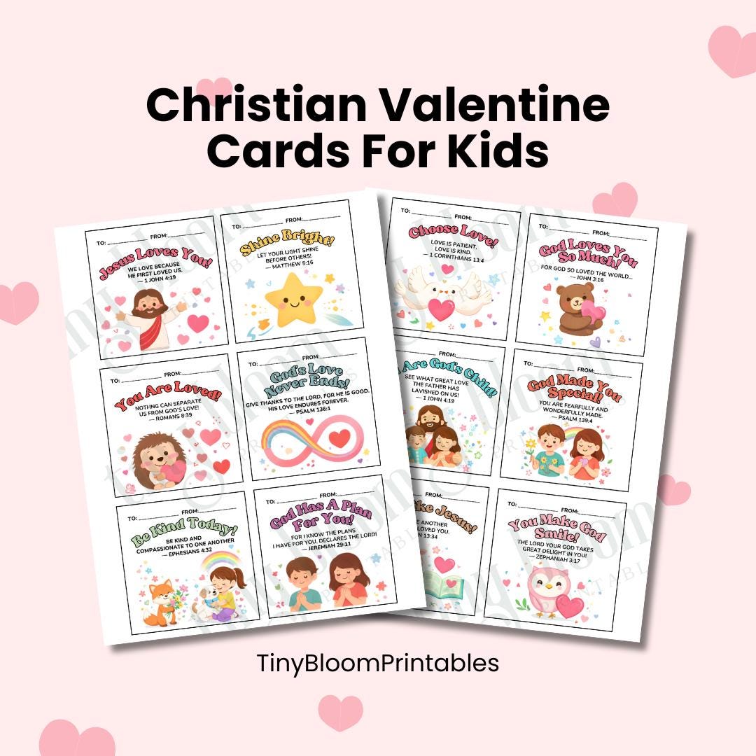 Christian Valentine Cards for Kids – Set of 12 Bible Verse Valentines ...