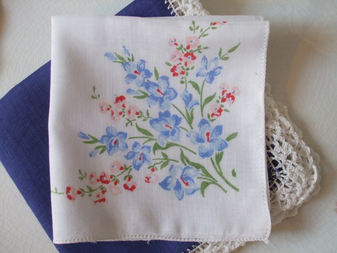 Hankies Set of Two Floral Navy Blue White Larkspur Crochet - Etsy