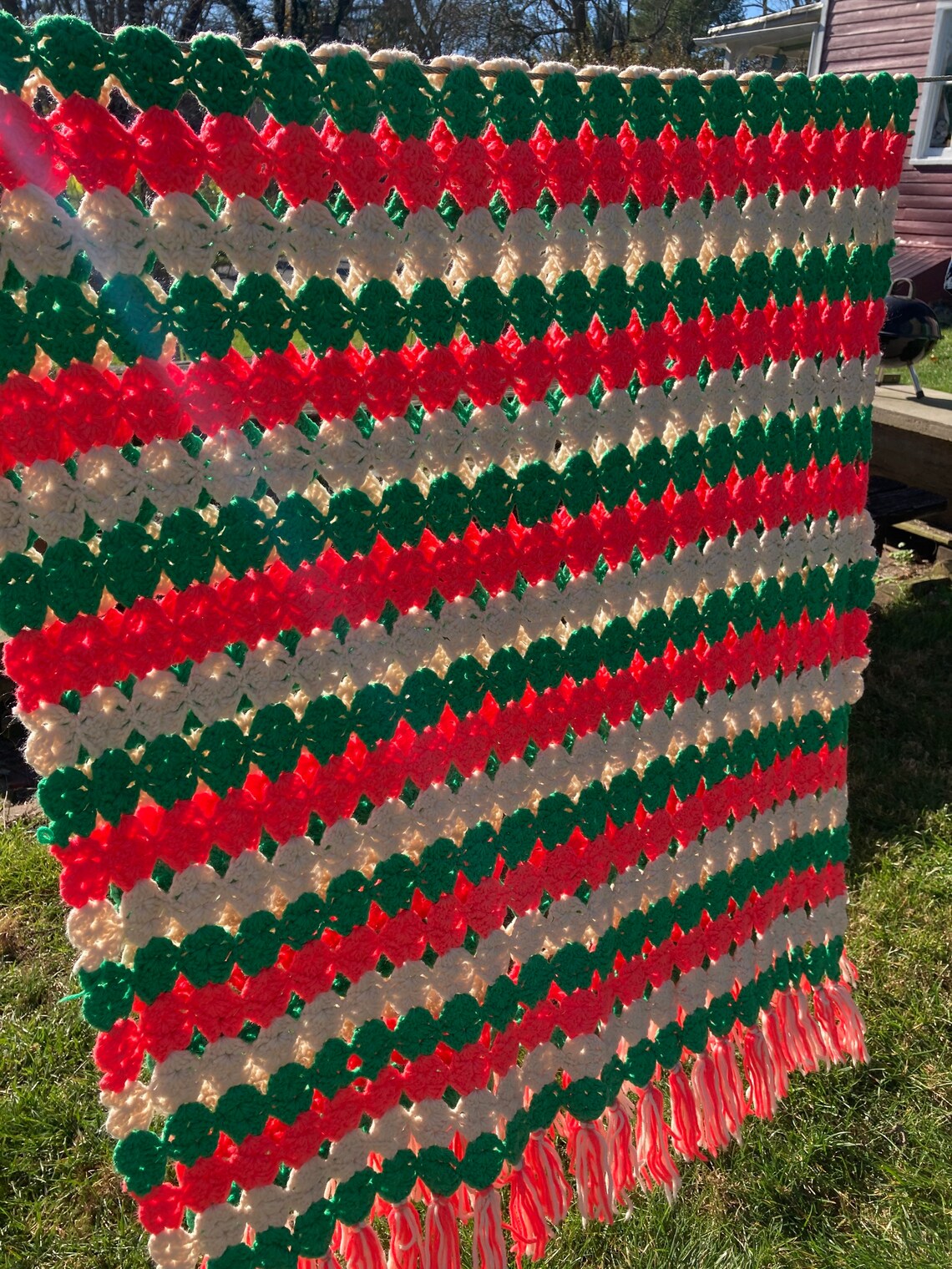 Afghan Crocheted Neon Pink Kelly Green Cream off White Long - Etsy